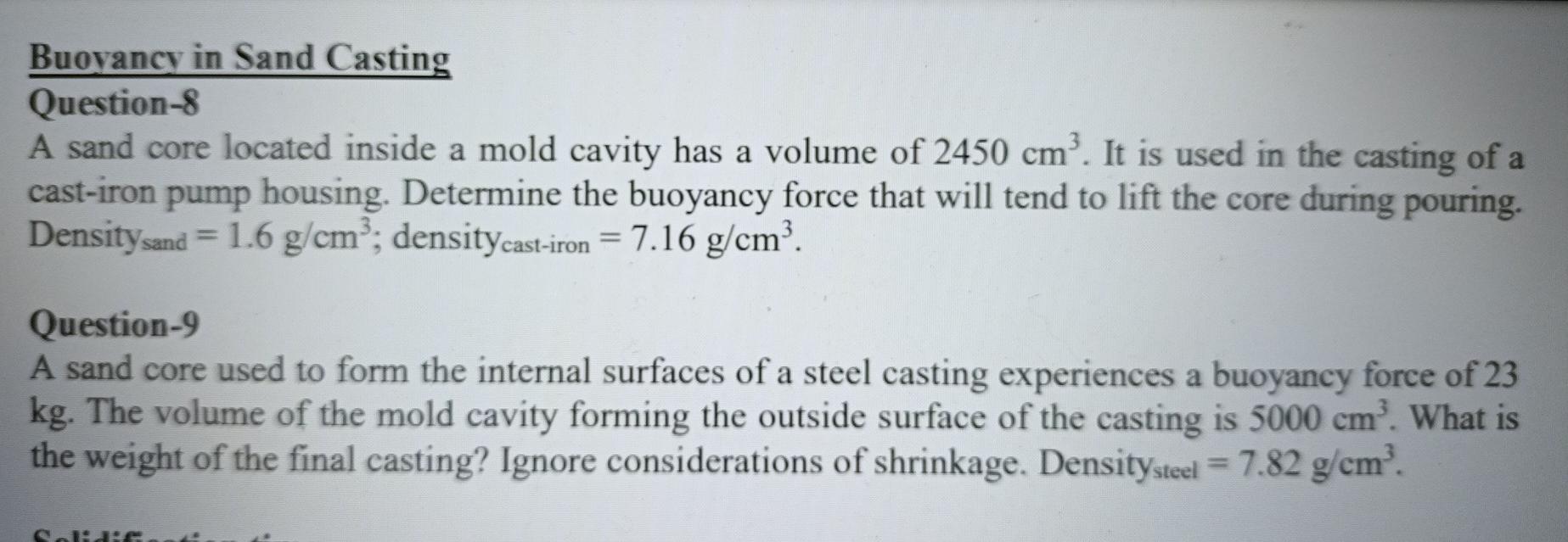 Solved Buoyancy in Sand Casting Question-8 A sand core | Chegg.com