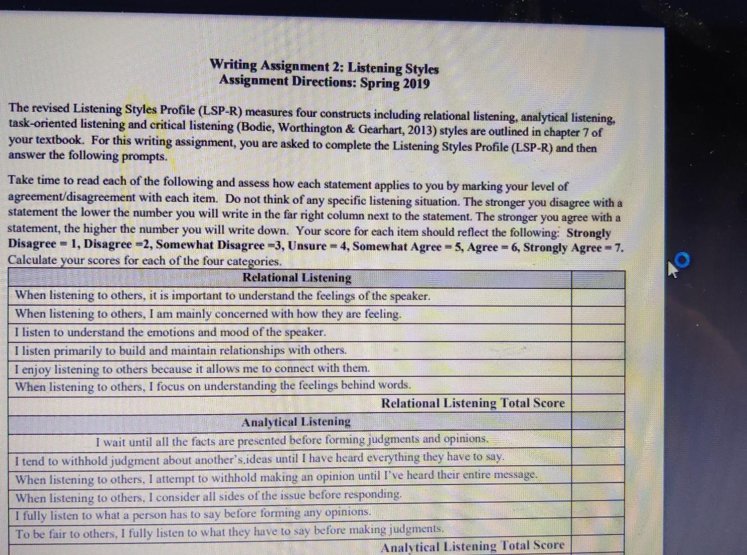 Solved Writing Assignment 2: Listening Styles Assignment | Chegg.com