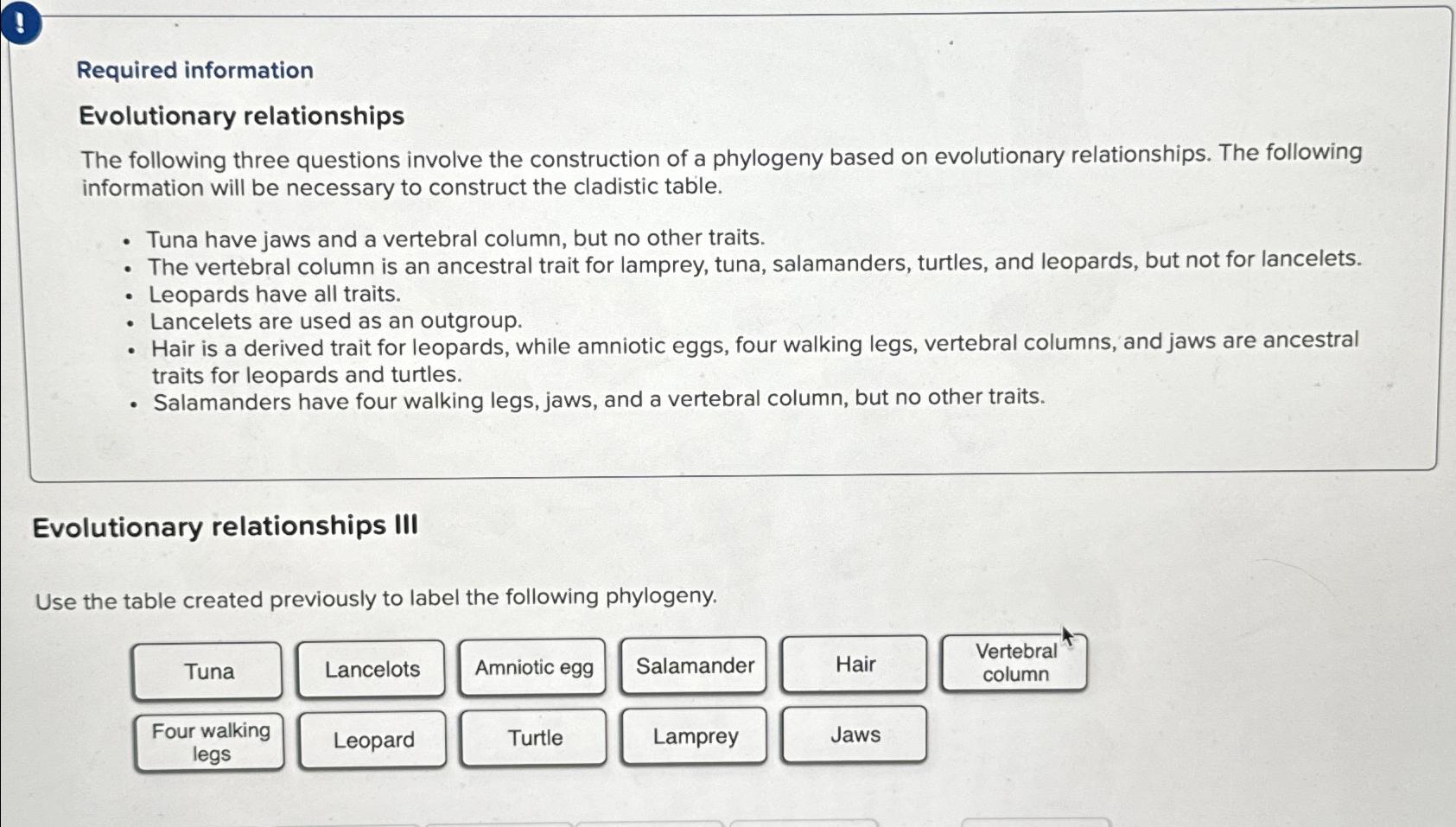 Solved !Required informationEvolutionary relationshipsThe | Chegg.com
