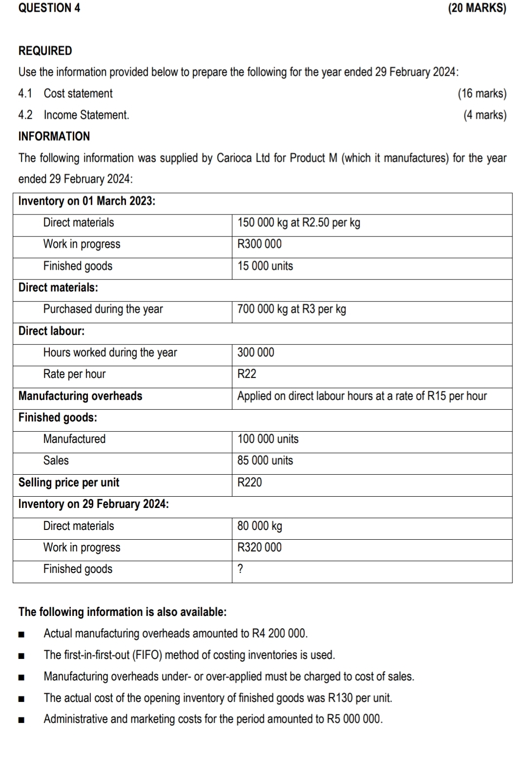 Solved QUESTION 4(20 ﻿MARKS)REQUIREDUse the information | Chegg.com