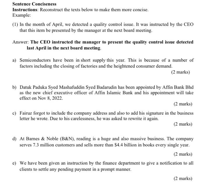 Sentence Conciseness Instructions: Reconstruct the | Chegg.com