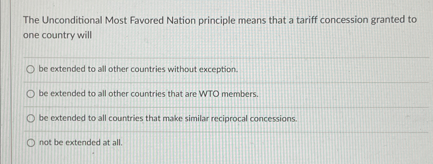 Solved The Unconditional Most Favored Nation principle means | Chegg.com