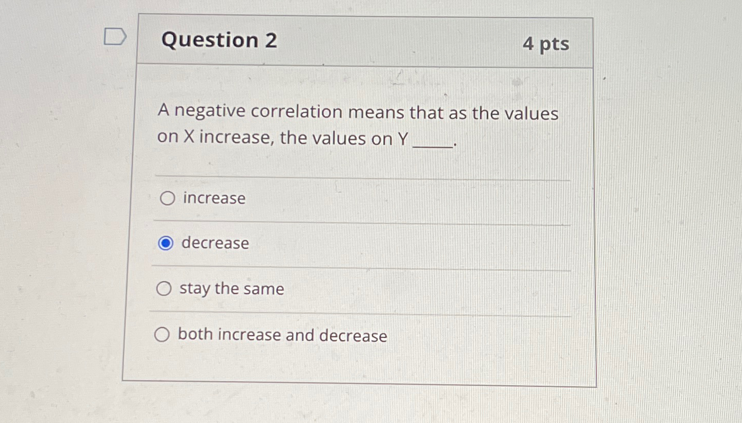 Solved Question 24 ﻿ptsA negative correlation means that as | Chegg.com