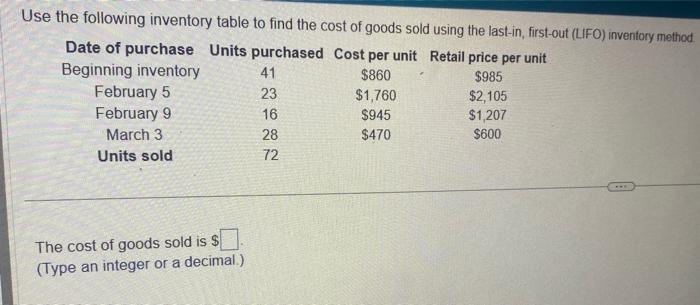 Solved Use the following inventory table to find the cost of | Chegg.com