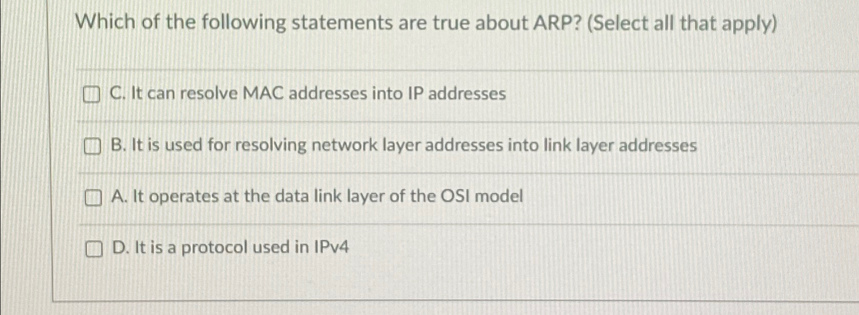Solved Which of the following statements are true about ARP? | Chegg.com