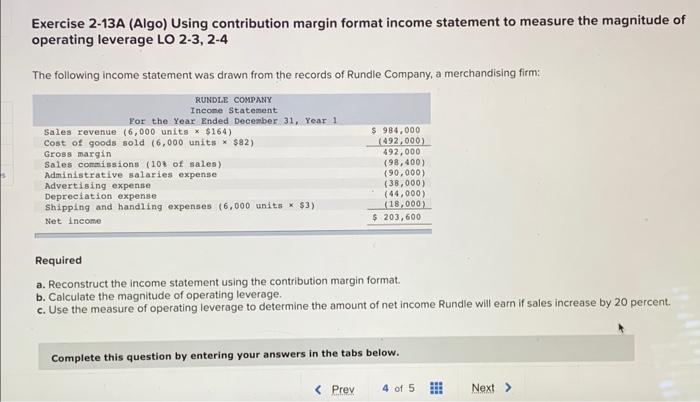 Solved Exercise 2-13A (Algo) Using contribution margin | Chegg.com