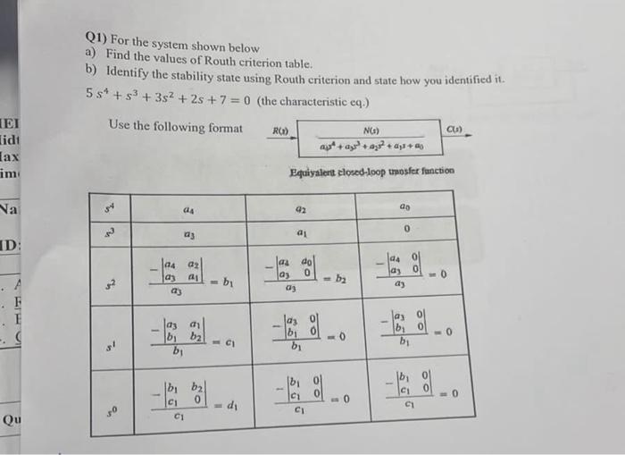 Solved Q1) For the system shown below a) Find the values of | Chegg.com