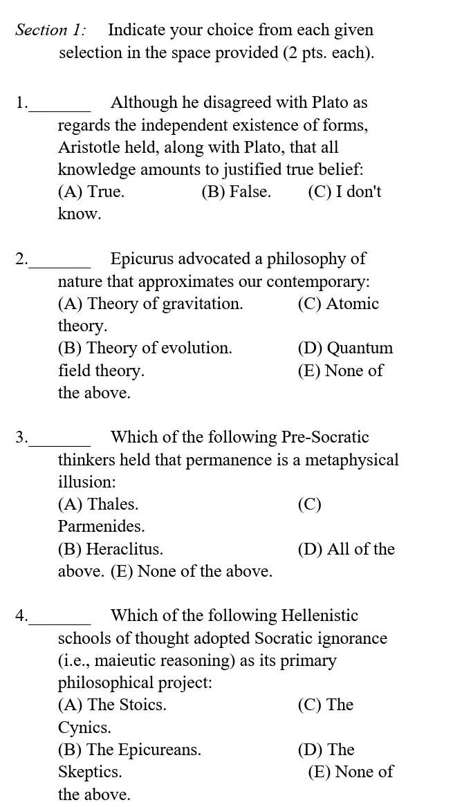 Solved Section 1: Indicate your choice from each given | Chegg.com