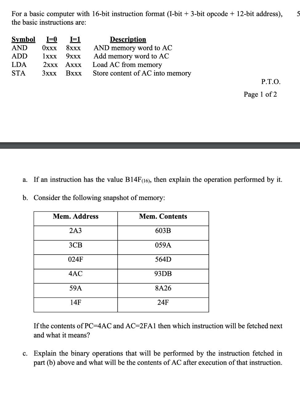 Solved 5 For a basic computer with 16-bit instruction format | Chegg.com