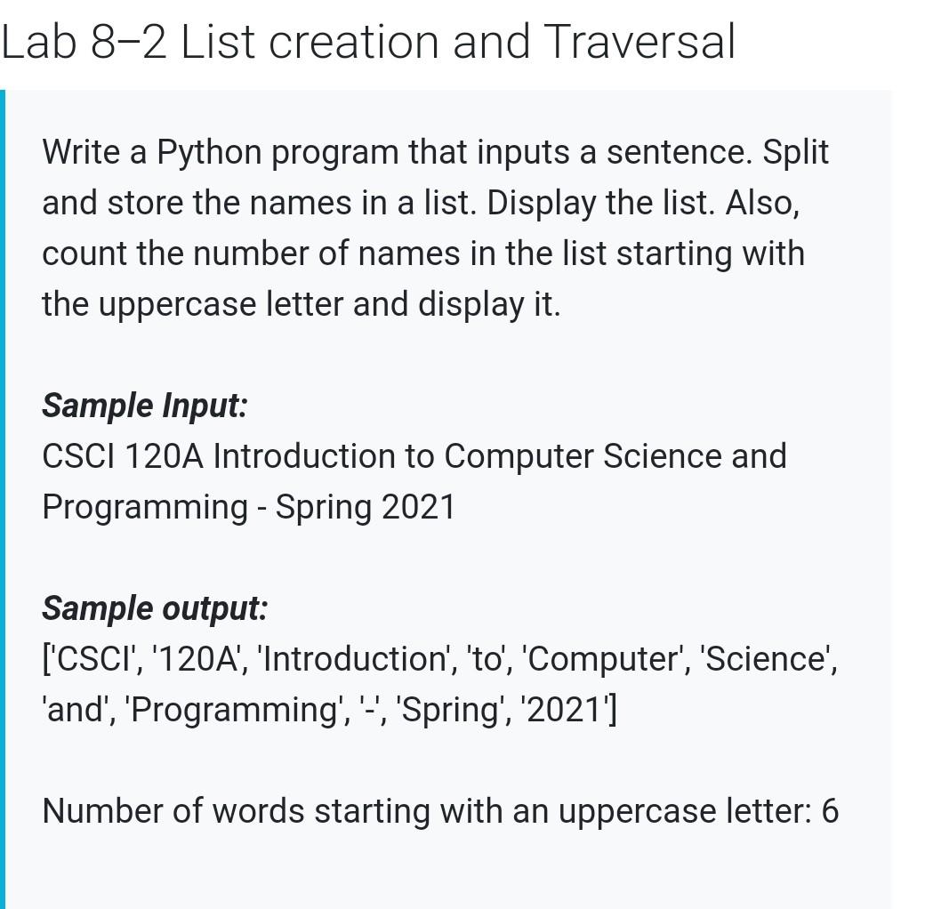Solved Lab 8-2 List creation and Traversal Write a Python | Chegg.com