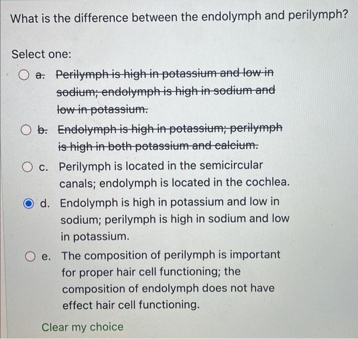 Solved What is the difference between the endolymph and | Chegg.com