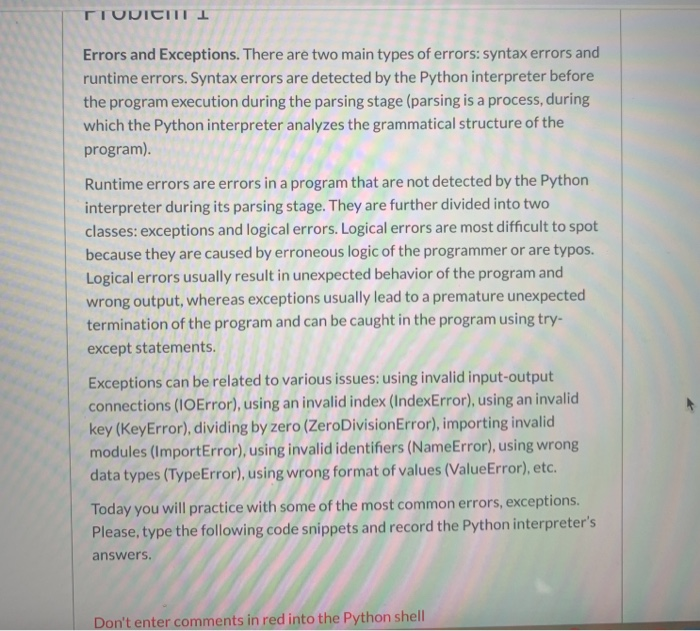 Solved 1 ווCIוסטIT Errors and Exceptions. There are two main | Chegg.com