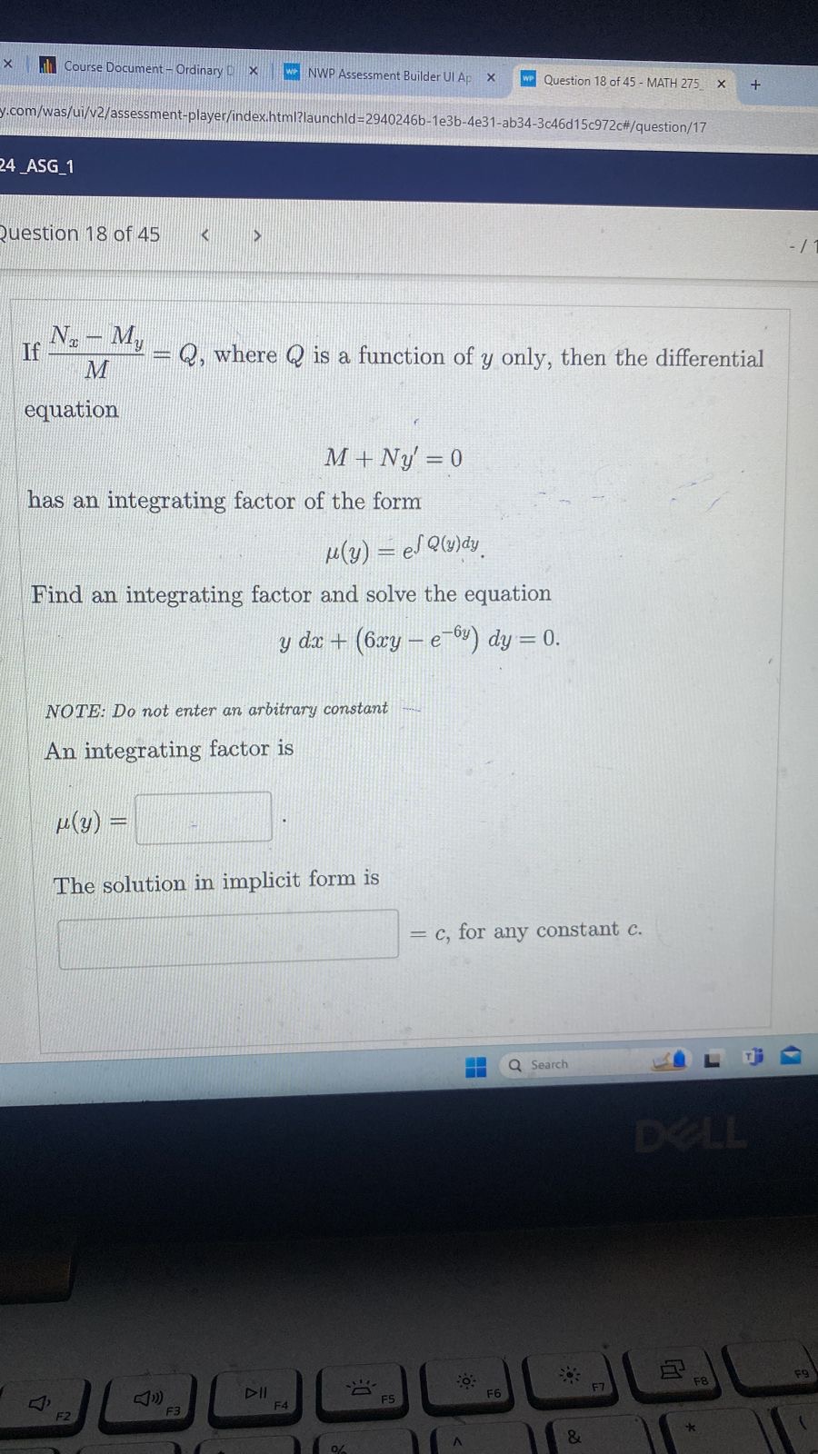 Solved If Nx-MyM=Q, ﻿where Q ﻿is a function of y ﻿only, then | Chegg.com