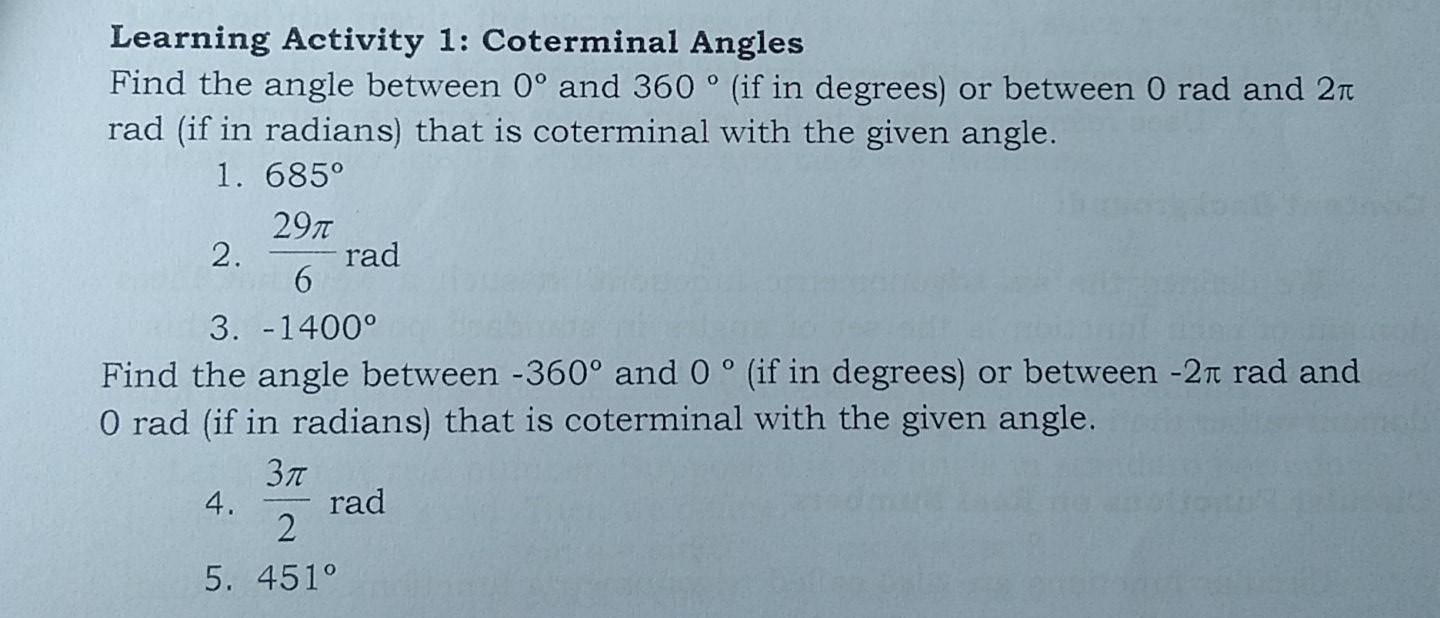 Solved Learning Activity 1: Coterminal Angles Find the angle | Chegg.com