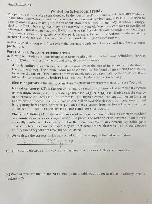 Solved Workshop 5: Periodic Trends The periodic table is | Chegg.com