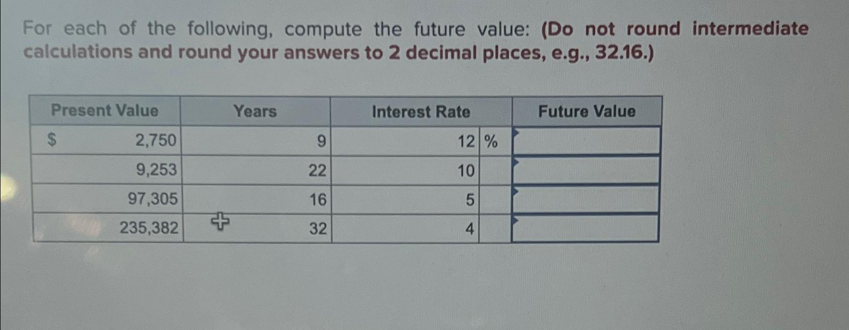 Solved For each of the following, compute the future value: | Chegg.com