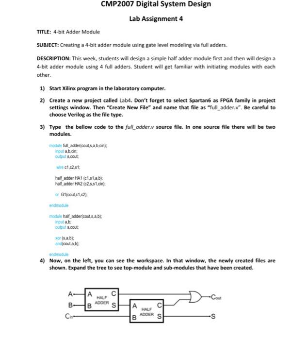 Solved SUBJECT: Creating a 4-bit adder module using gate | Chegg.com