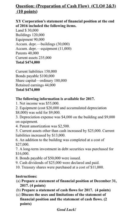 Solved Question:(Preparation of Cash Flow)_(CLO\# 2\&3). (10 | Chegg.com