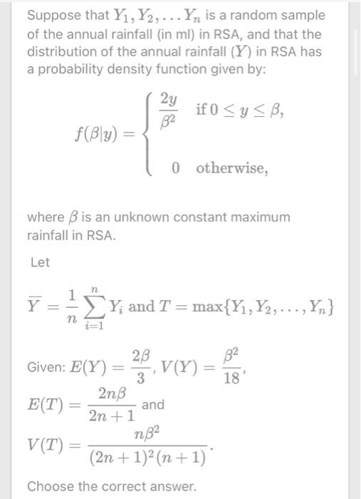 Solved Suppose that Y1,Y2,…Yn is a random sample of the | Chegg.com