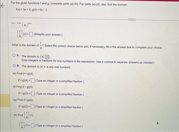 Solved f(x)=3x+5;g(x)=5x−2 (a) Find (f+g)(x). (t+g)(x)= | Chegg.com