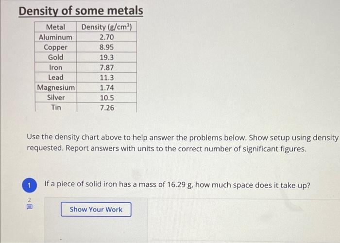 Solved Density of some metals Use the density chart above to | Chegg.com
