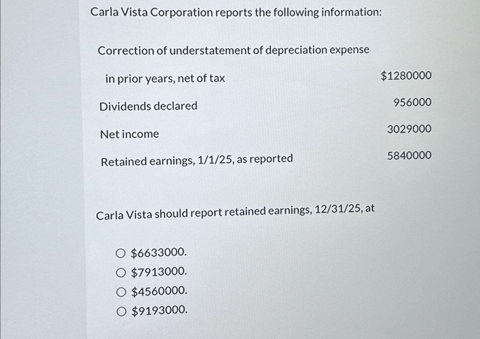 Solved Carla Vista Corporation reports the following | Chegg.com
