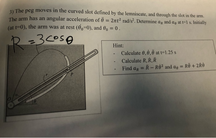 Solved 3) The peg moves in the curved slot defined by the | Chegg.com