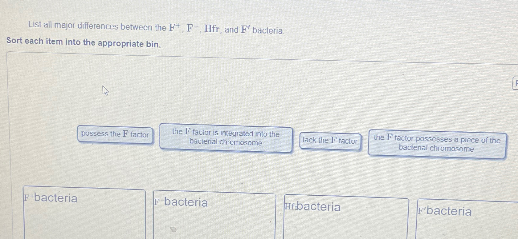 Solved List all major differences between the F+,F-,Hfr, | Chegg.com