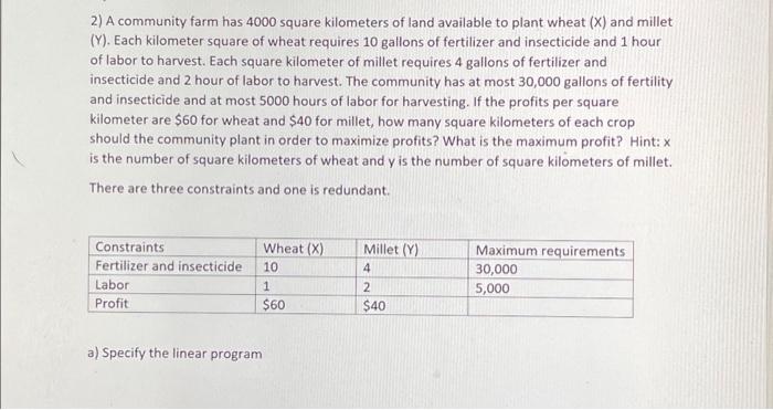Solved 2) A community farm has 4000 square kilometers of | Chegg.com