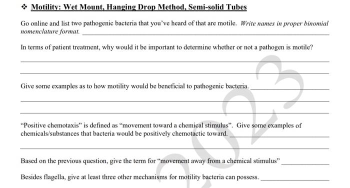 Solved Motility: Wet Mount, Hanging Drop Method, Semi-solid | Chegg.com