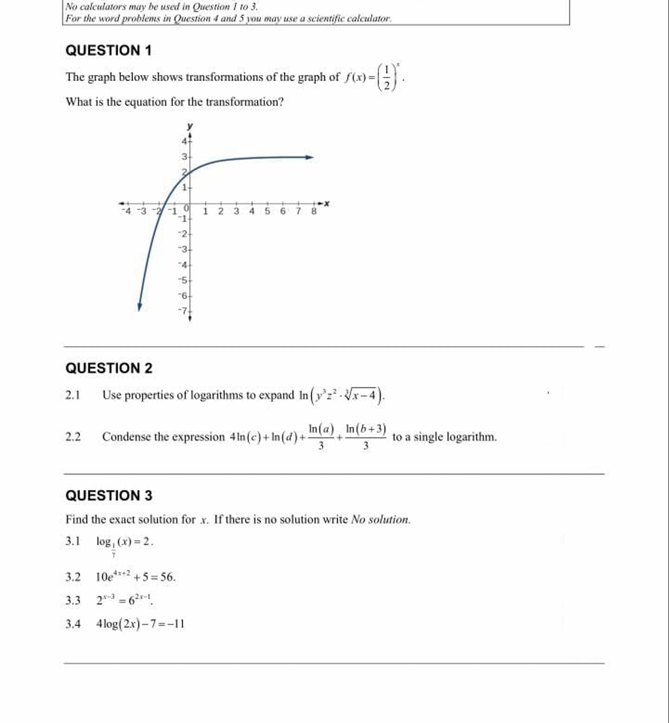 Solved No calculators may be used in Question 1 ﻿to 3.For | Chegg.com