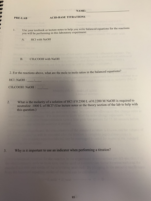 Solved NAME: PRE-LAB ACID-BASE TITRATIONS Use your textbook | Chegg.com