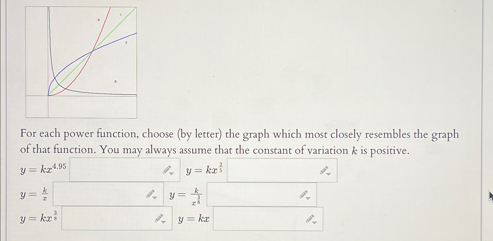 Solved For each power function, choose (by letter) ﻿the | Chegg.com