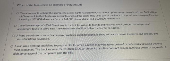 Solved Which of the following is an example of input fraud? | Chegg.com