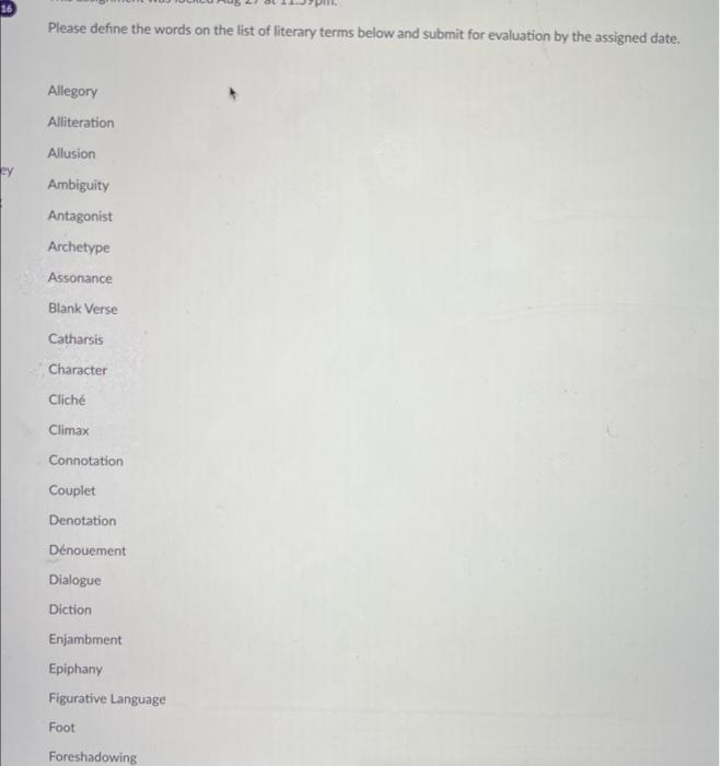 Please define the words on the list of literary terms | Chegg.com