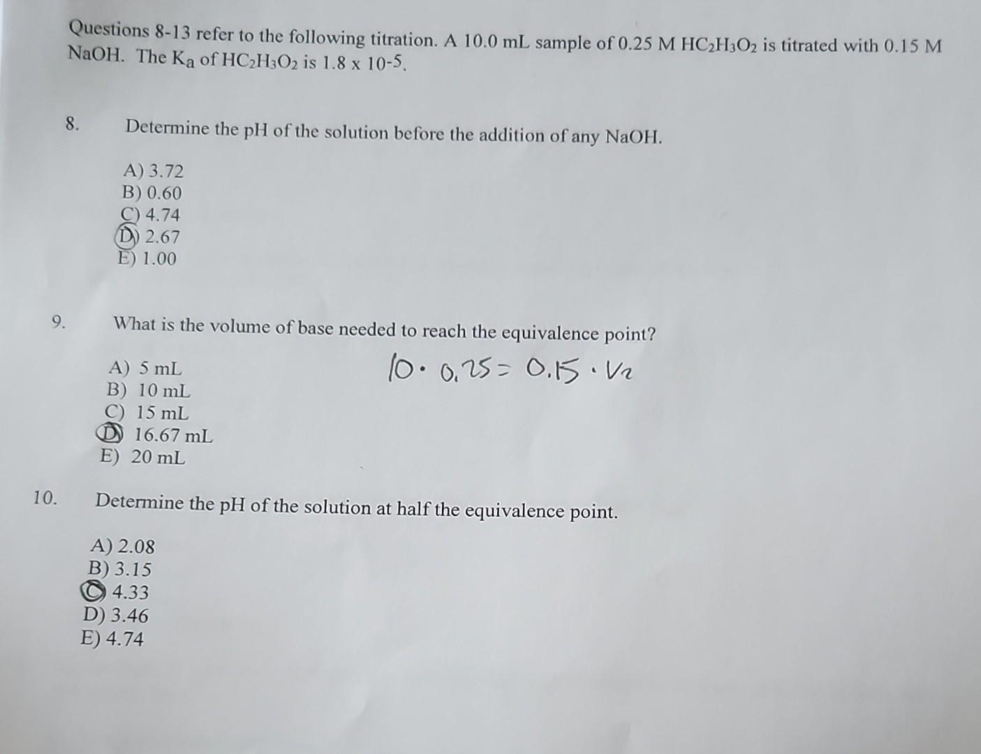 Solved Questions 8-13 refer to the following titration. A | Chegg.com