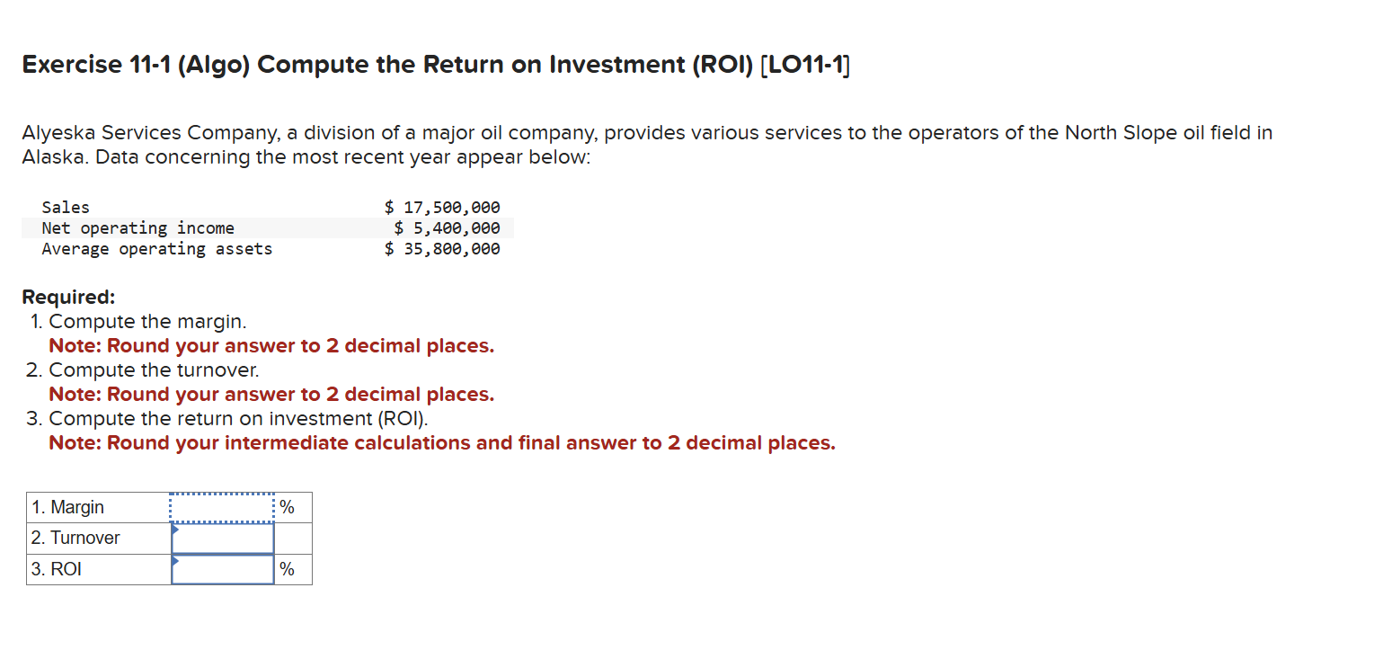 Solved Problem 11-17 (Algo) ﻿Return on Investment (ROI) ﻿and | Chegg.com