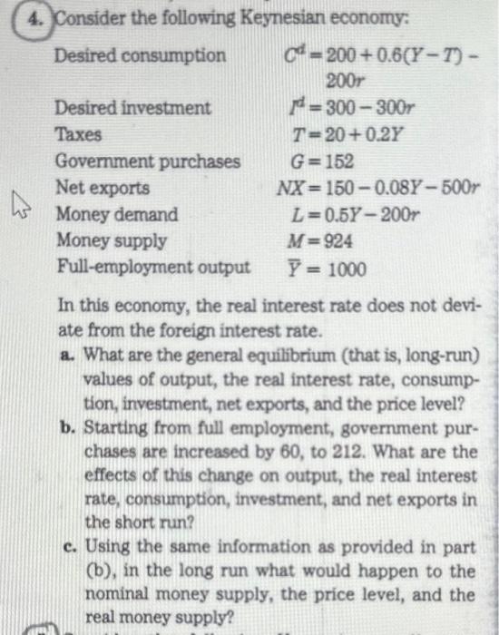 Solved 4. Consider the following Keynesian economy: Desired | Chegg.com