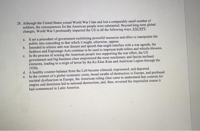 Solved 28. Although the United States joined World War I | Chegg.com