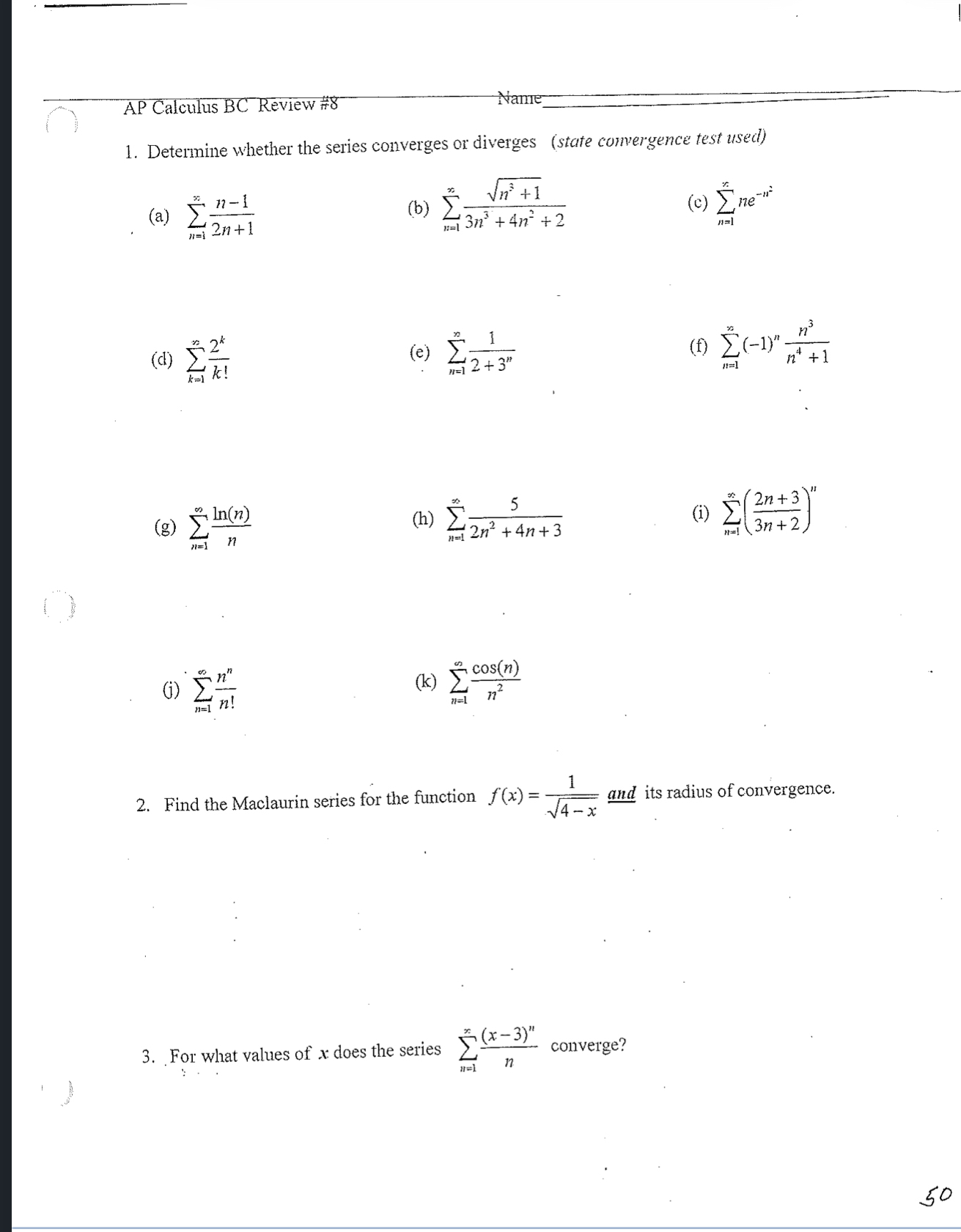 AP Calculus BC Review ##NameDetermine whether the | Chegg.com