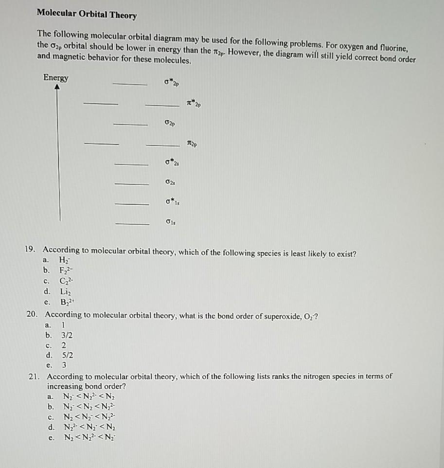 Solved Molecular Orbital Theory The following molecular | Chegg.com
