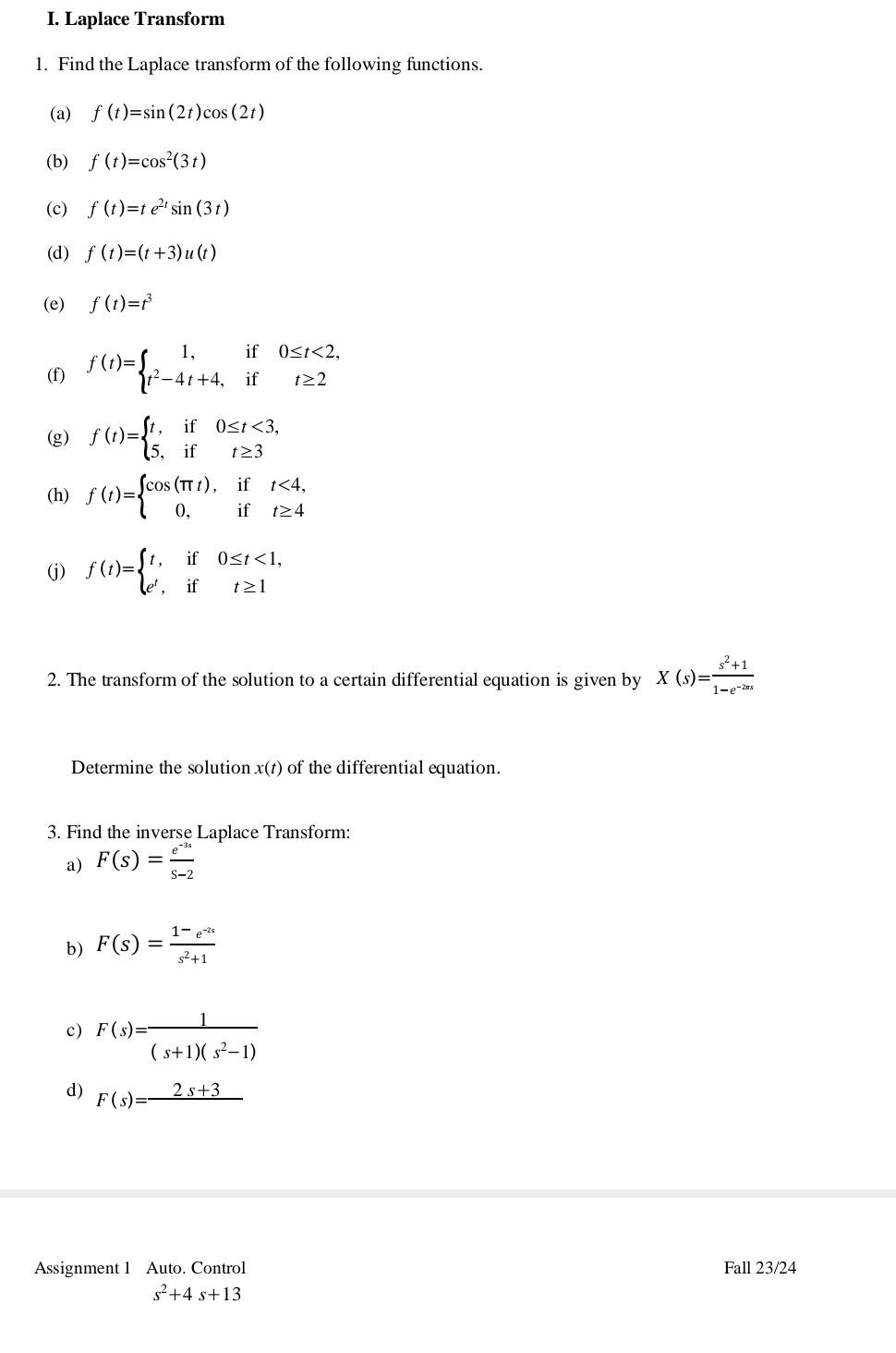 Solved 1. Find the Laplace transform of the following | Chegg.com