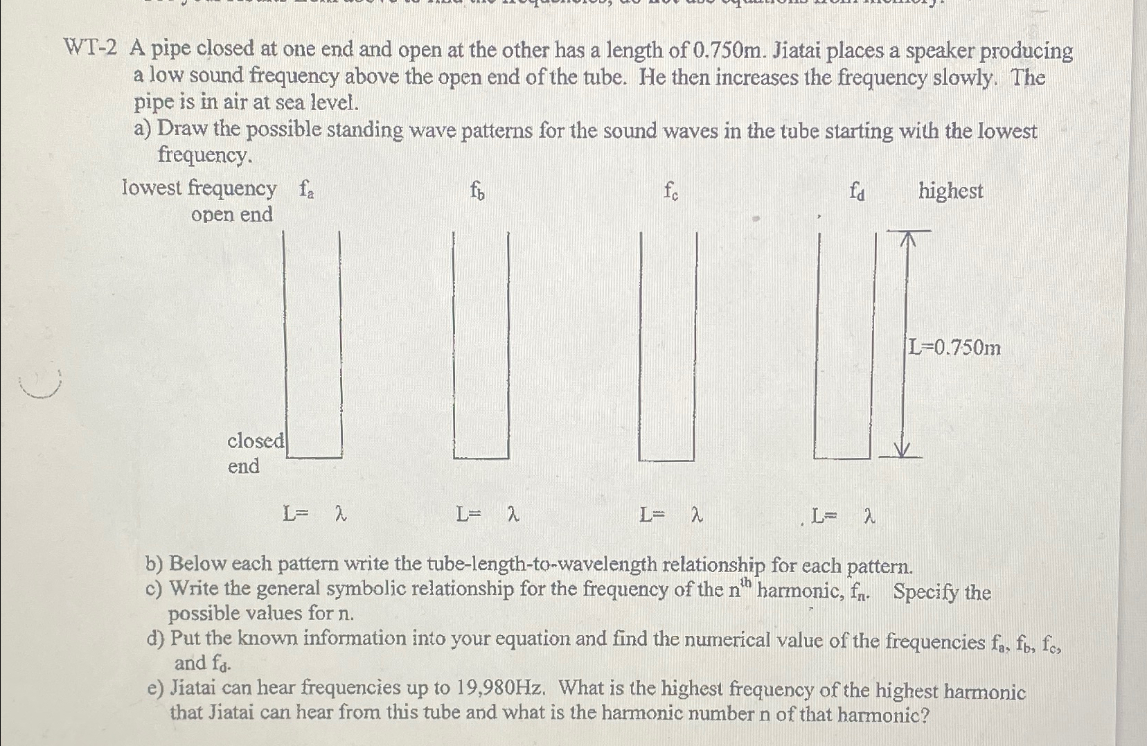 Solved WT-2 ﻿A pipe closed at one end and open at the other | Chegg.com