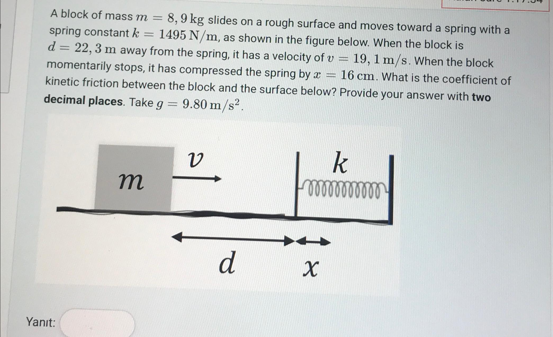 Solved A block of mass m=8,9kg ﻿slides on a rough surface | Chegg.com