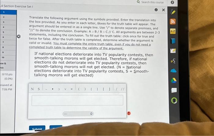 Translate The Following Argument Using The Symbols 