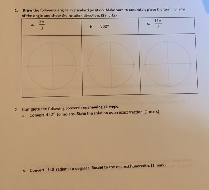 Solved 1. Draw the following angles in standard position. | Chegg.com