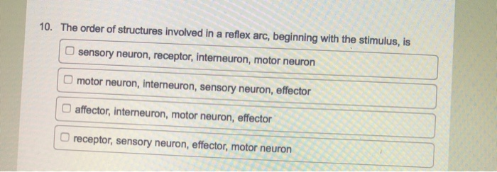 Solved 10. The order of structures involved in a reflex arc, | Chegg.com
