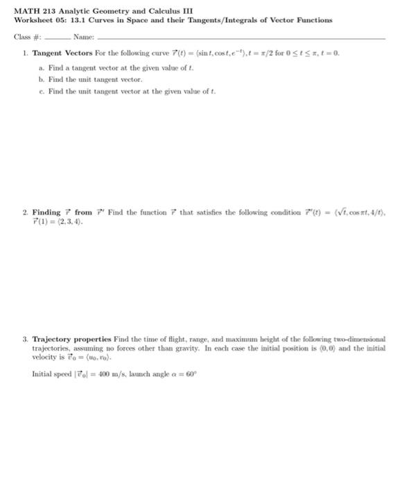 Solved MATH 213 Analytic Geometry and Calculus III Worksheet | Chegg.com