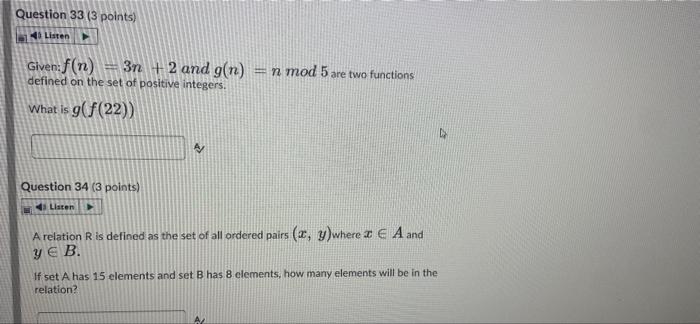 Solved Question 33 (3 points) 4. Listen Given:f(n) = 3n + 2 | Chegg.com