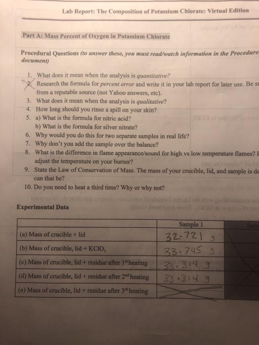 Solved Lab Report: The Composition of Potassium Chlorate: | Chegg.com